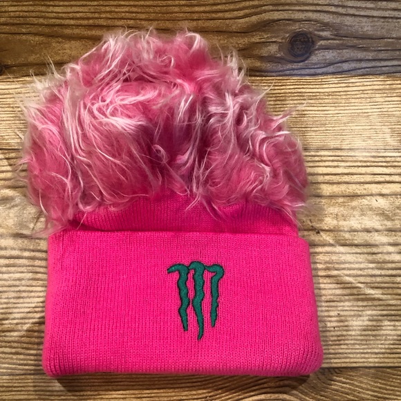 Accessories | Nwt Monster Energy Pink Beanie With Pink Fur | Poshmark